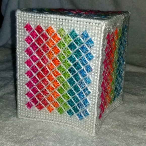 Handmade by Schari | Bath | Rainbow White Needlepoint Tissue Box Cover ...